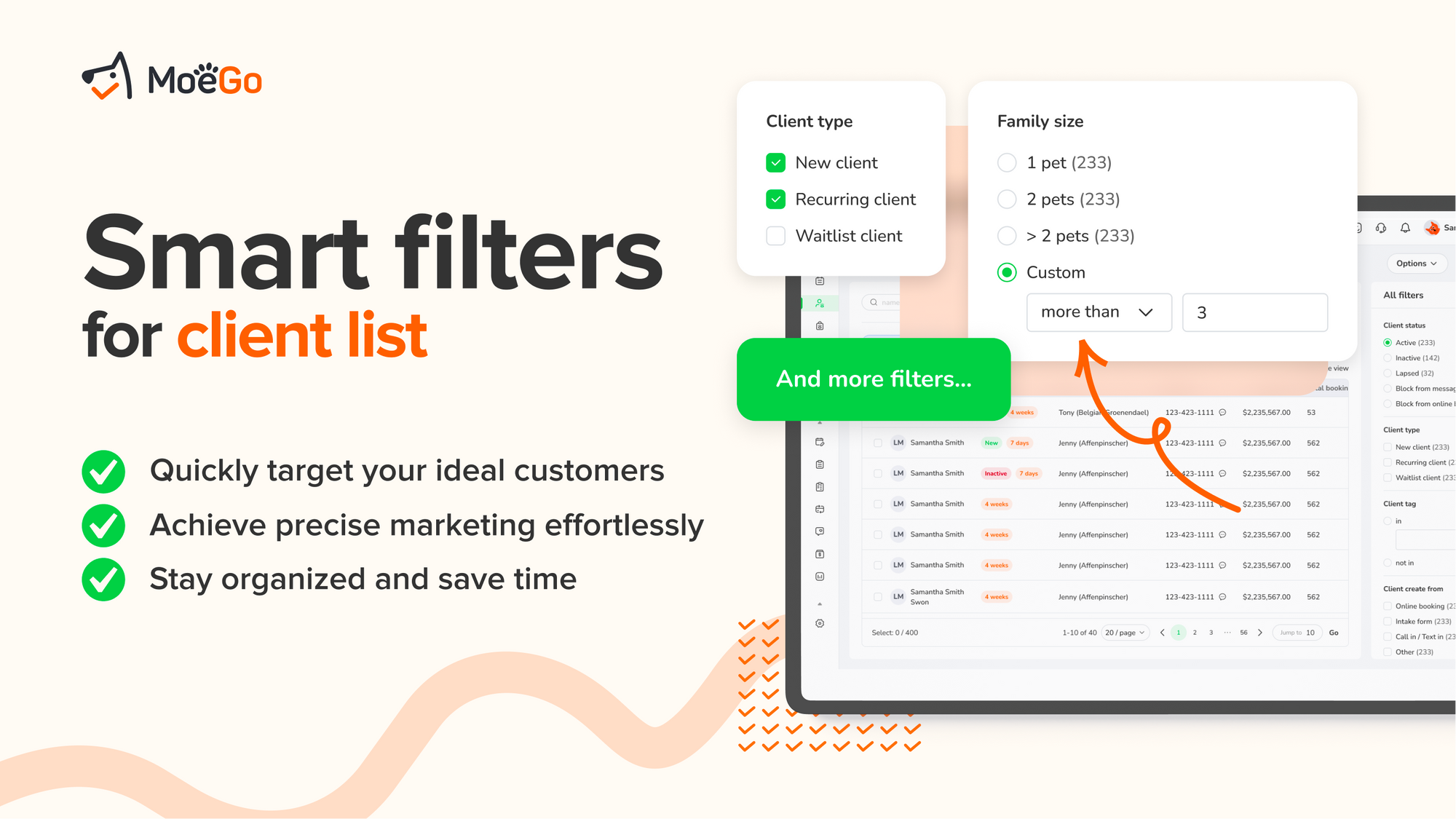MoeGo Smart Filters for Client List - Manager Your Clientele Easily