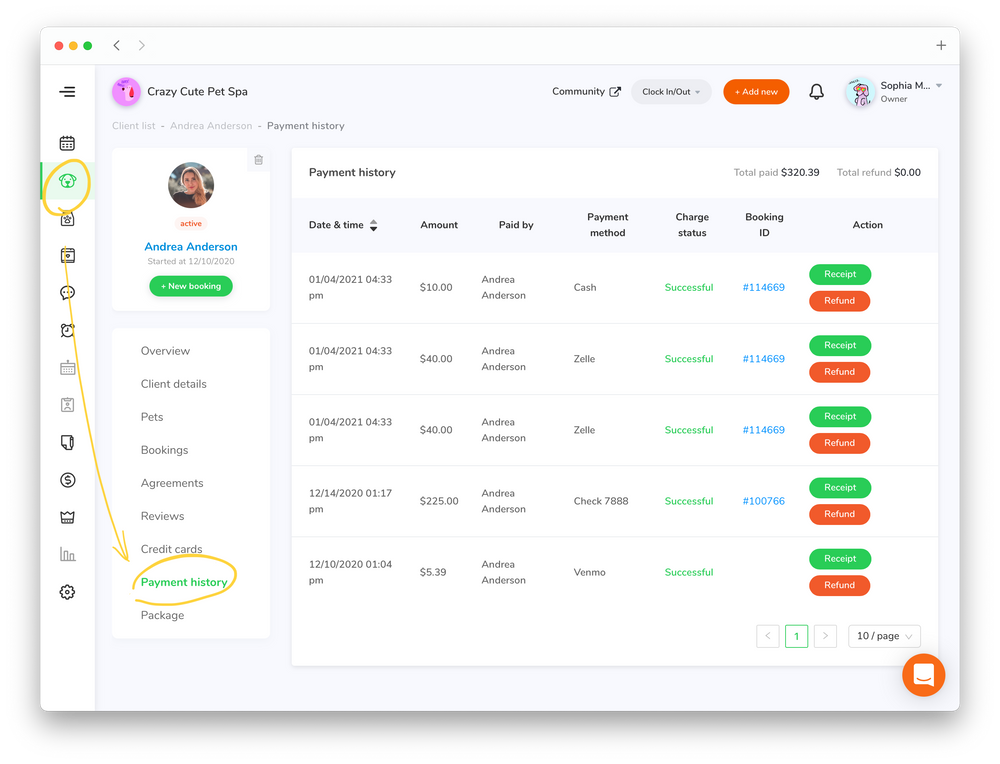 Client payment history