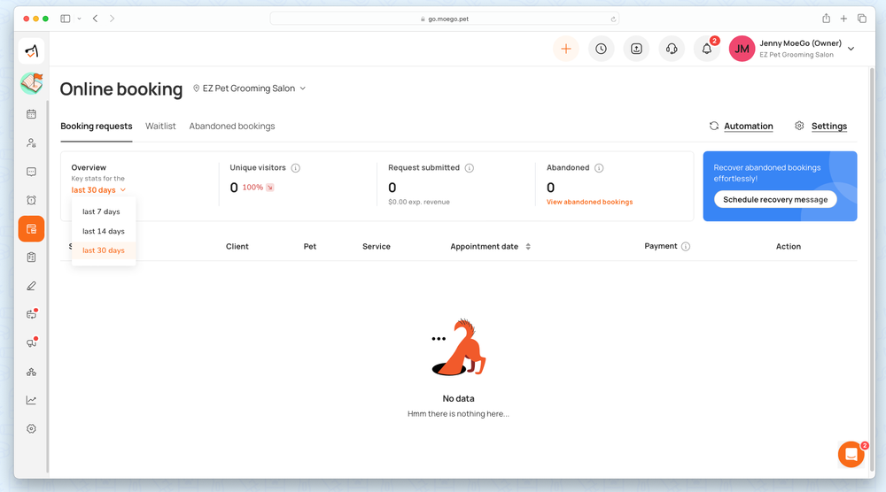 Online Booking - Dashboard