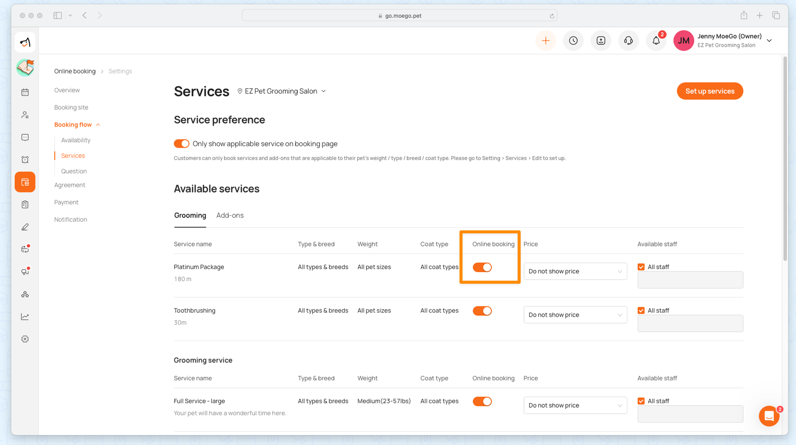 Online Booking - Services