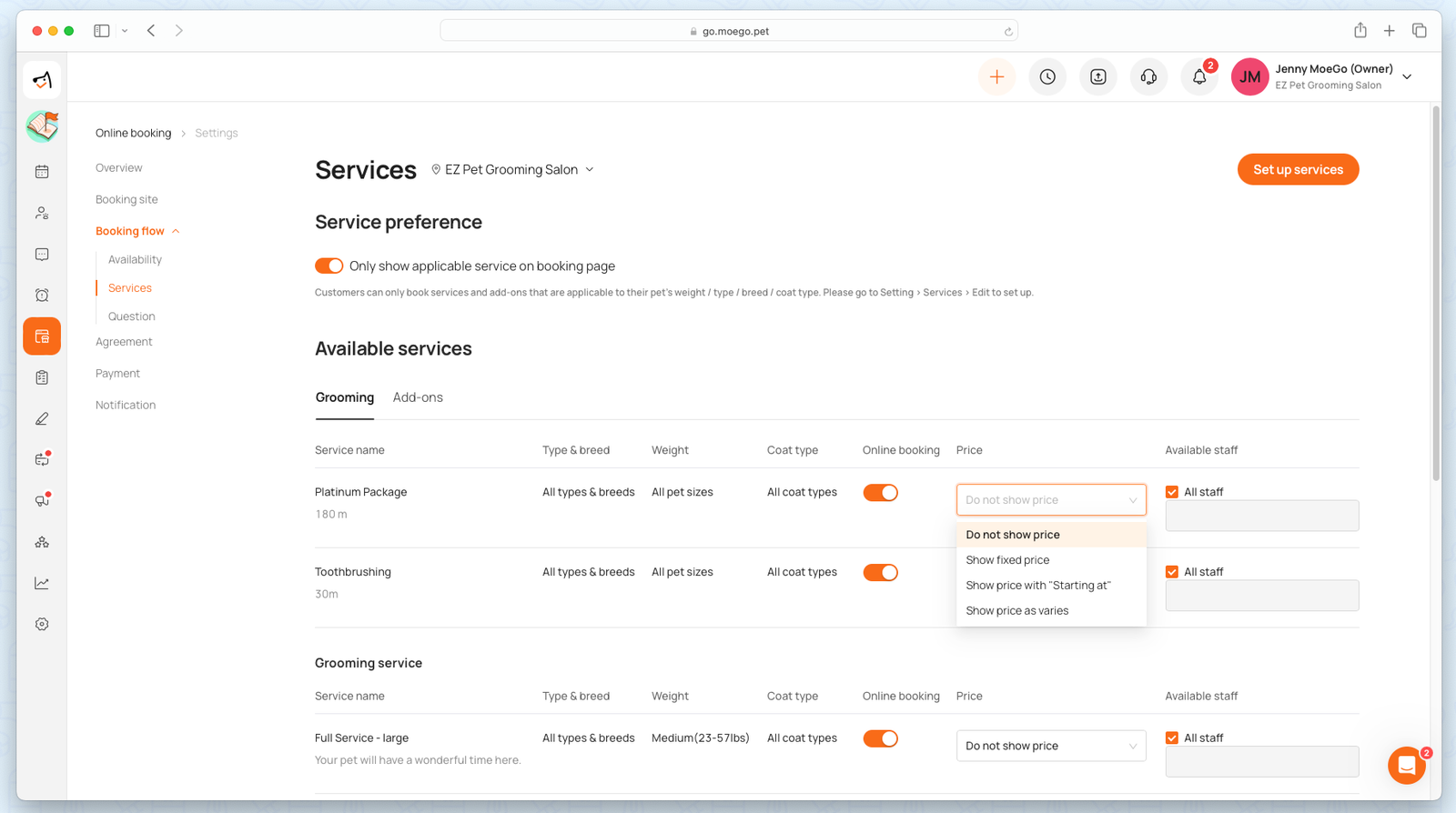 Online Booking - Services