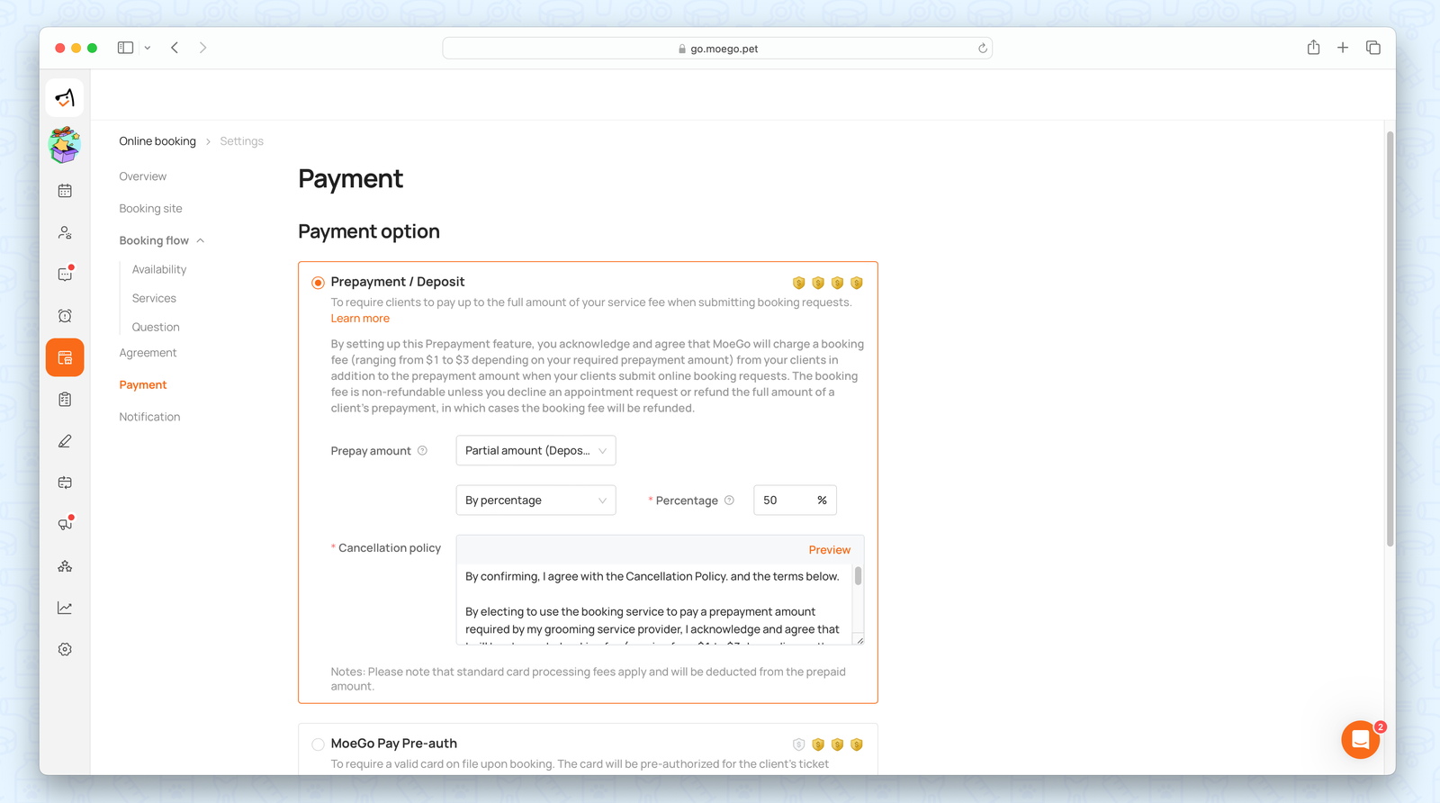 Online booking - Prepayment