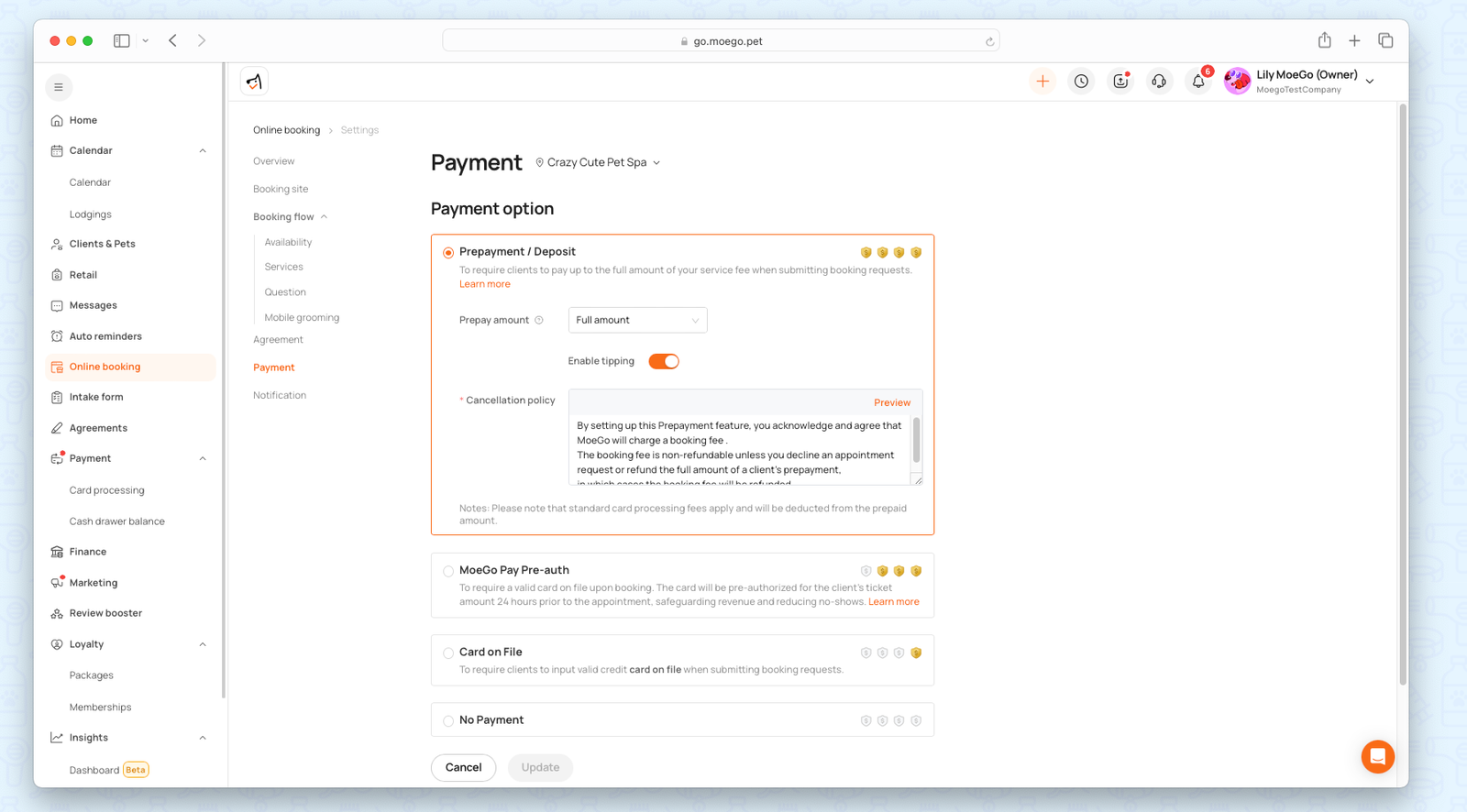 Online booking - Prepayment
