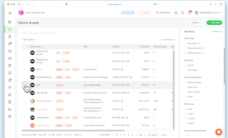 MoeGo Smart Filters for Client List - Manager Your Clientele Easily